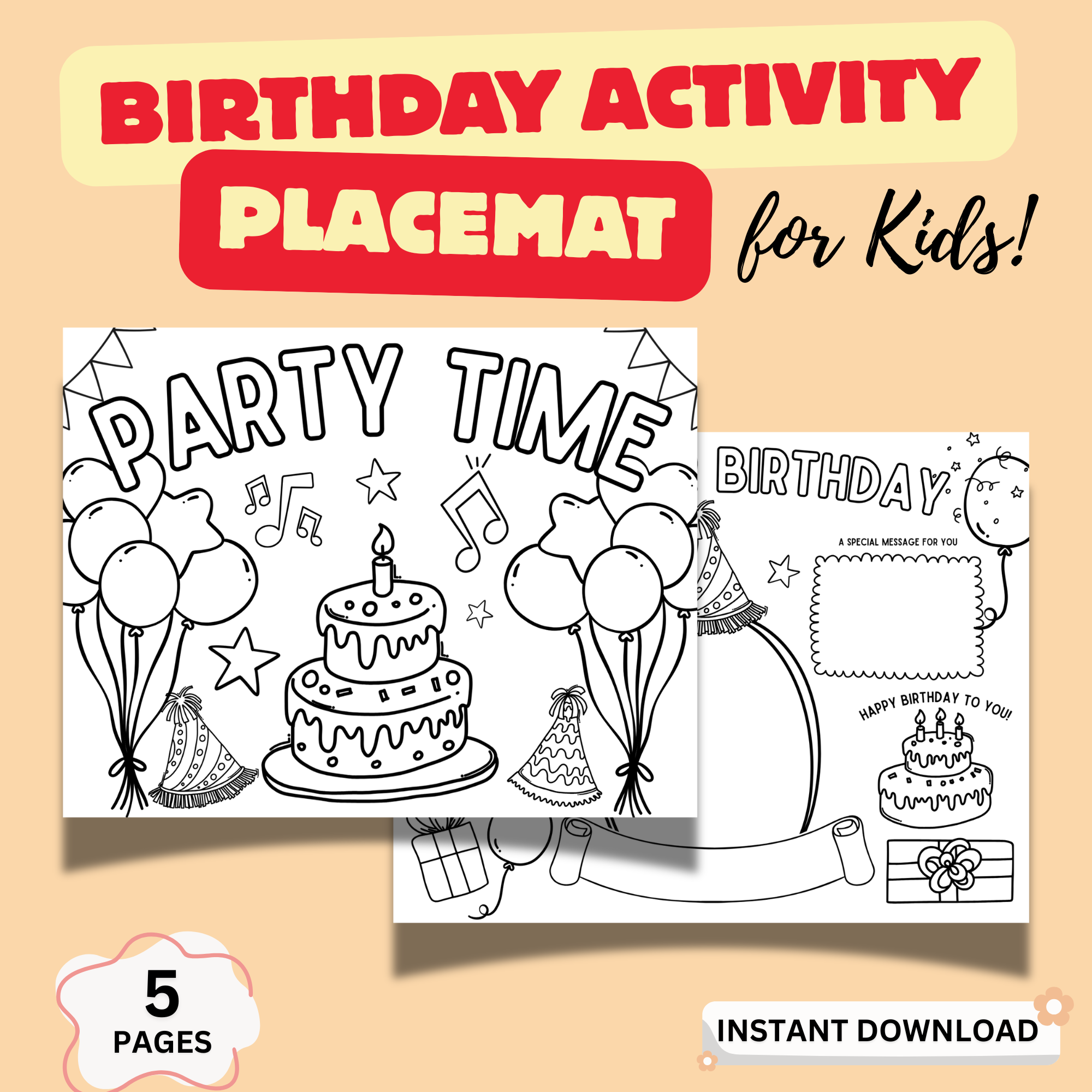 Kids Birthday Activity Placemat Printable PDF – Party Activity Sheets ...