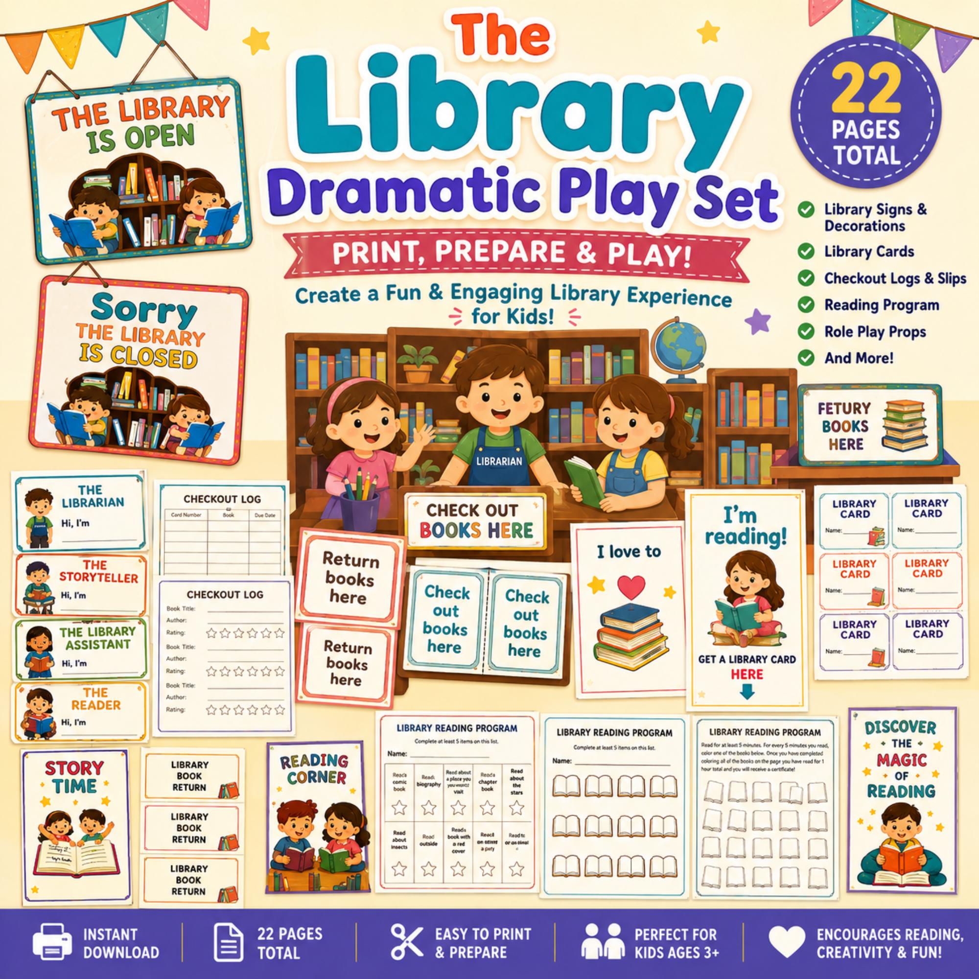 Library Dramatic Play Printables PDF Bundle For Kids | 22 Page Reading ...